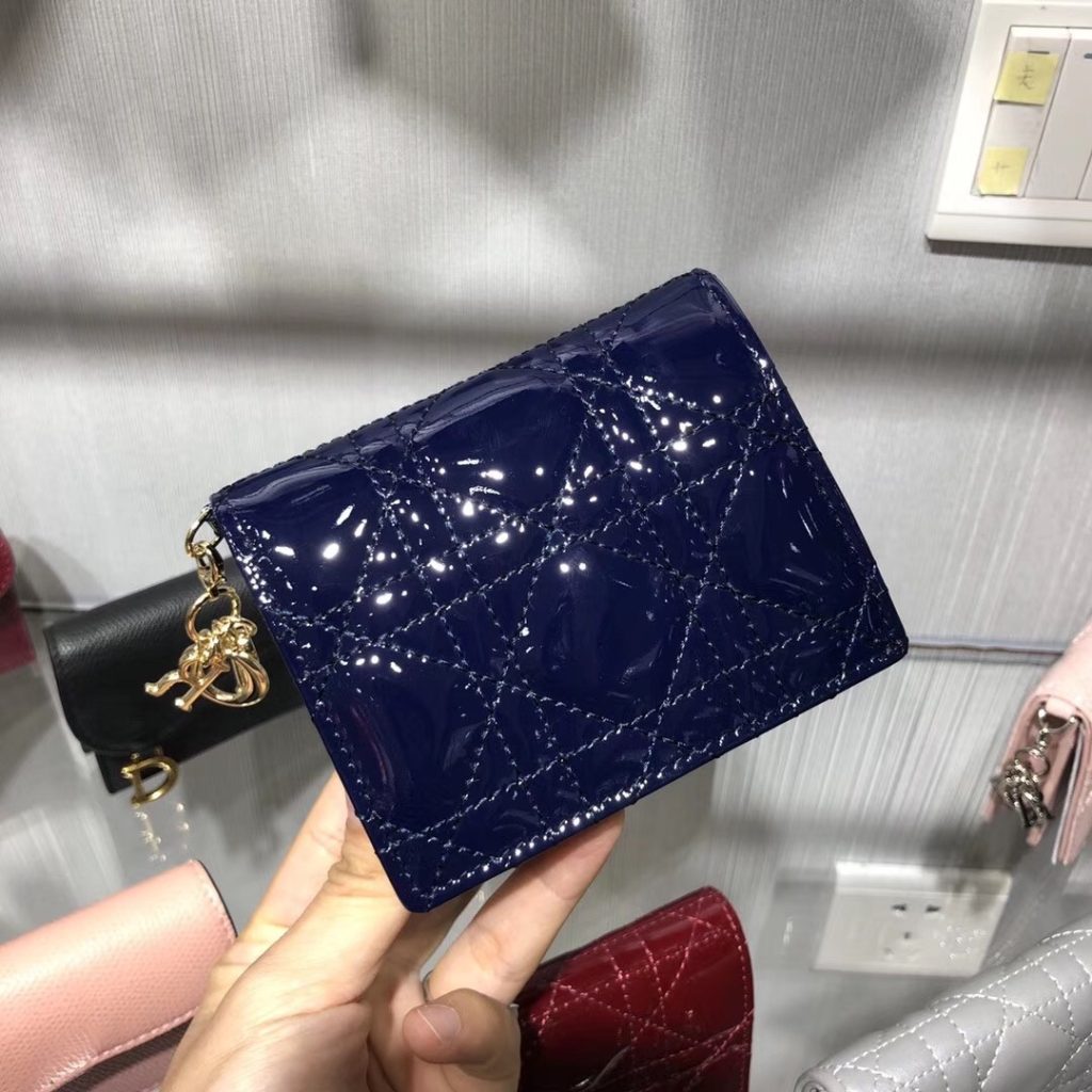 Dior Mini Lady Dior Wallet In Indigo Blue Patent Leather - Super Clone Reps