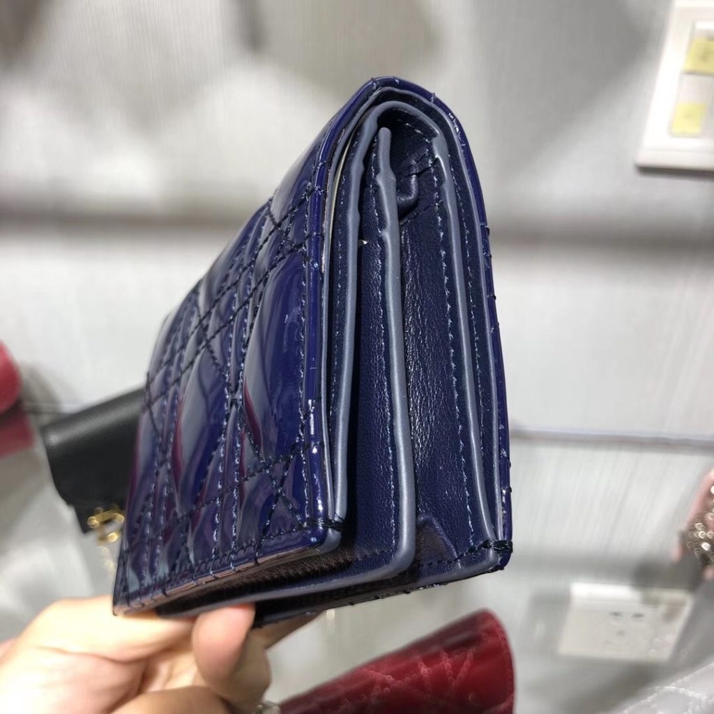 Dior Mini Lady Dior Wallet In Indigo Blue Patent Leather - Super Clone Reps