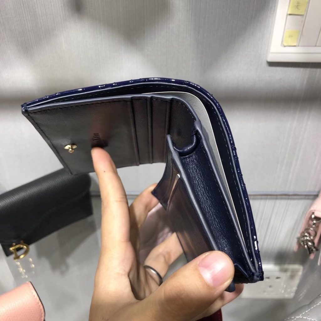 Dior Mini Lady Dior Wallet In Indigo Blue Patent Leather - Super Clone Reps